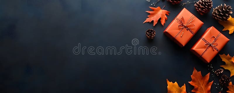 Autumn Gift Boxes with Fall Leaves and Pine Cones on Dark Blue ...