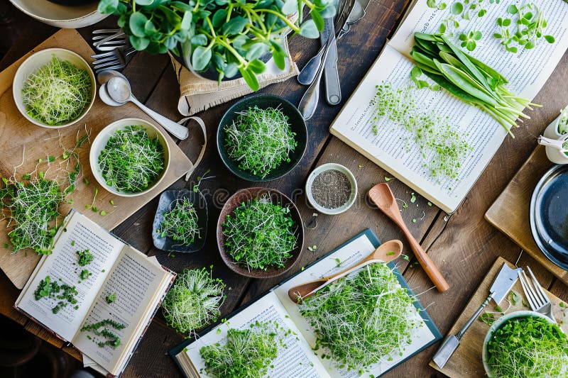 A Flat Lay Image of a Wooden Kitchen Table with Multiple Open Recipe ...