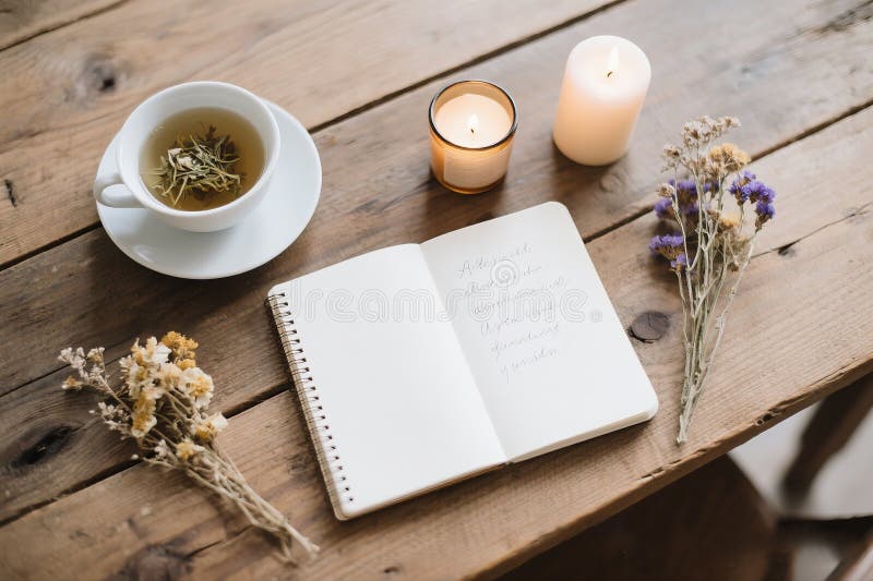 Flat Lay of a Journal with Handwritten Affirmations, a Cup of Herbal ...