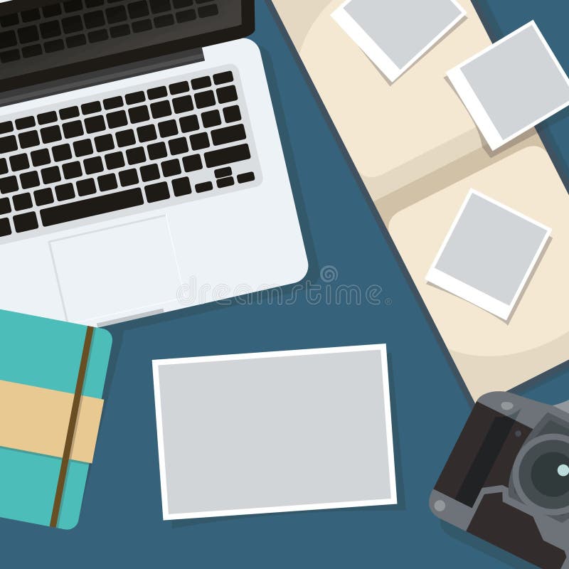 Flat Lay of Laptop with Photographs. Stock Vector - Illustration of ...