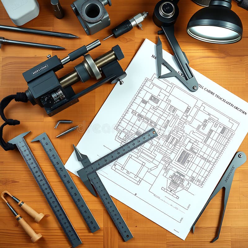 Flat Lay of Lathe Tools Calipers and Blueprints on a Wooden Surface ...