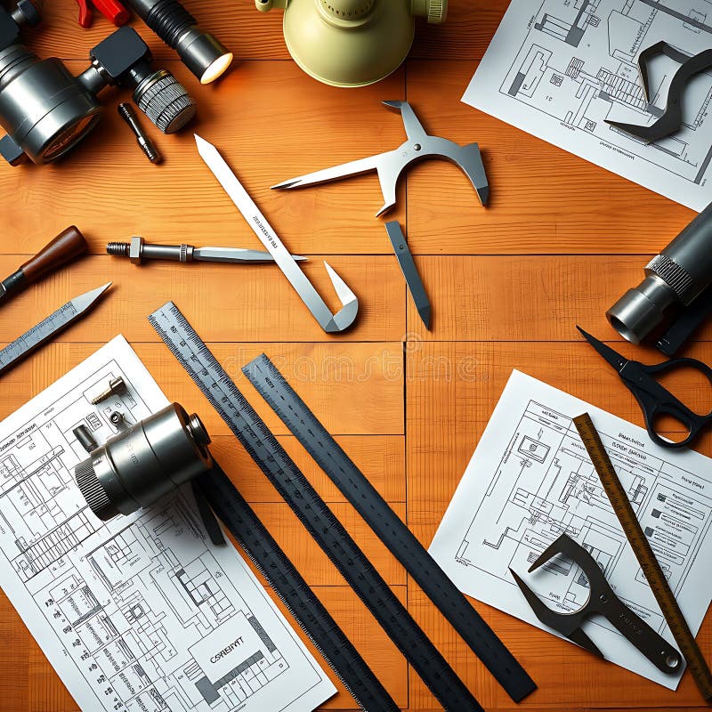 Flat Lay of Lathe Tools Calipers and Blueprints on a Wooden Surface ...