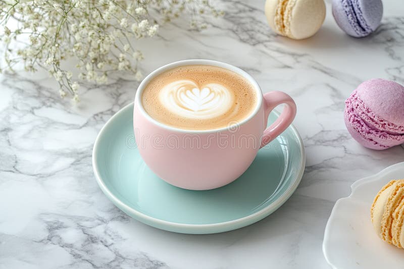 A Flat Lay of Latte Art in a Pastel Mug Styled on a Smooth Marble Stock ...