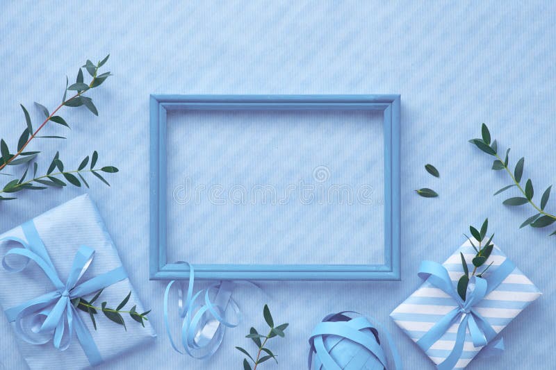 Flat Lay in Light Blue Hues with Wrapped Gift Boxes Decorated with ...