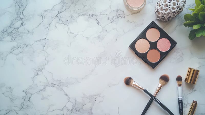 Flat Lay of Makeup Essentials Arranged Neatly on a Marble Countertop ...