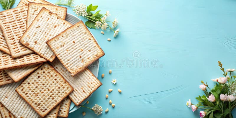 Flat Lay of Matzos on Light Blue Background for Passover Celebration ...