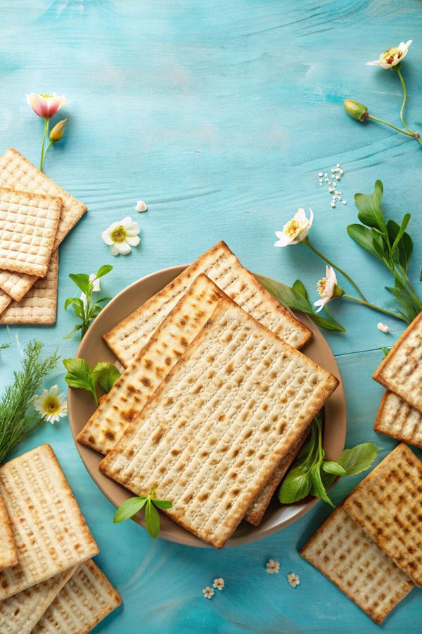 Flat Lay of Matzos on Light Blue Background for Passover Celebration ...