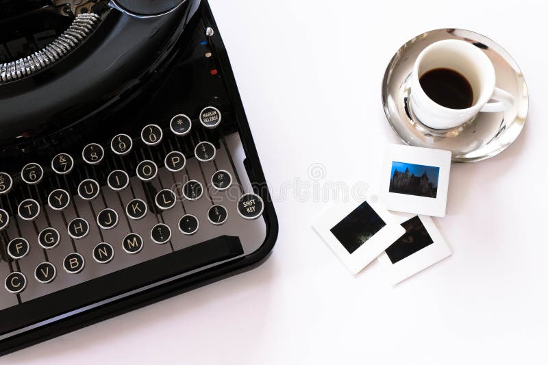 Flat Lay of Mechanical Typewriter with Espresso and Film Slides Stock ...