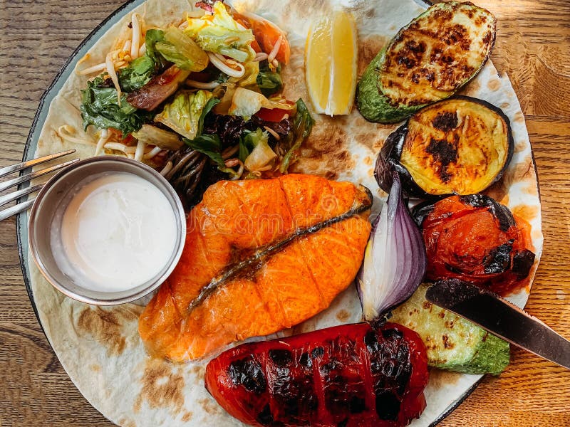 Flat Lay Menu Grilled Red Fish and Vegetables Close-up Stock Photo ...