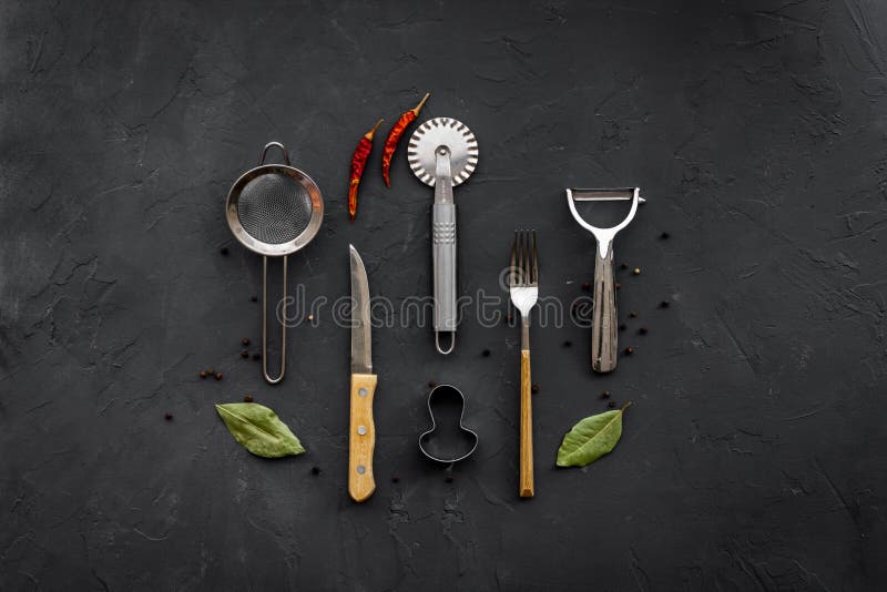 Flat Lay of Metal Kitchen Utensils and Cookware Stock Photo - Image of ...