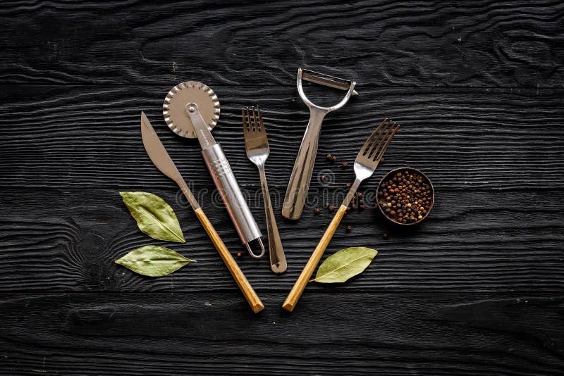 Flat Lay of Metal Kitchen Utensils and Cookware Stock Image - Image of ...