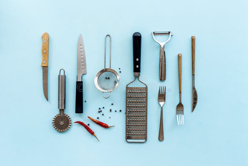 Flat Lay of Metal Kitchen Utensils and Cookware Stock Photo - Image of ...