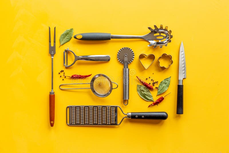 Flat Lay of Metal Kitchen Utensils and Cookware Stock Photo - Image of ...