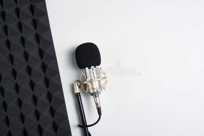 Flat Lay of Microphone and Acoustic Foam Panel, Over White Background ...