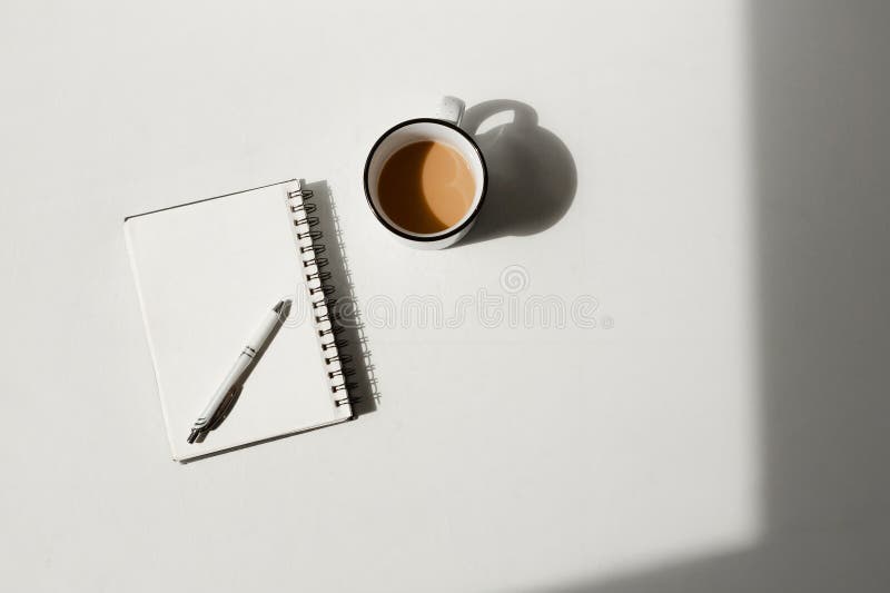 Flat Lay Minimalistic Blank Notepad with Pen and Coffee Stock Photo ...
