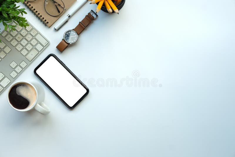 Flat Lay Mobile Phone, Laptop Computer, Coffee Cup and Stationery on ...