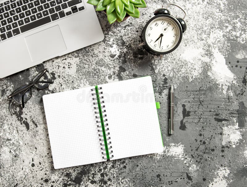 Flat Lay Mock Up Office Table Laptop Notebook Alarm Clock Succulent ...