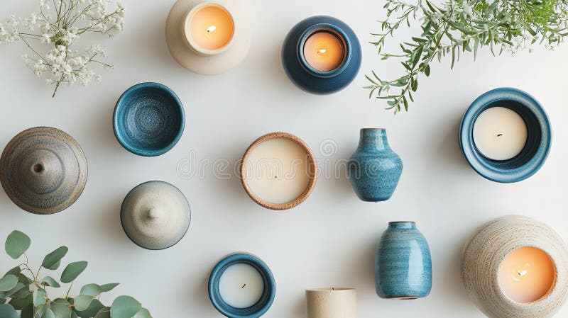 A Flat Lay of Modern Decor Items, Including Candles and Ceramic Vases ...
