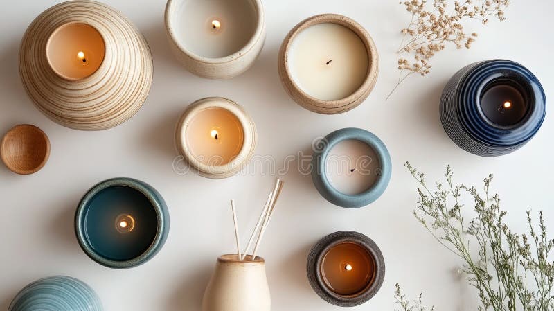 Flat Lay Modern Decor Items Including Candles Ceramic Vases Digital ...
