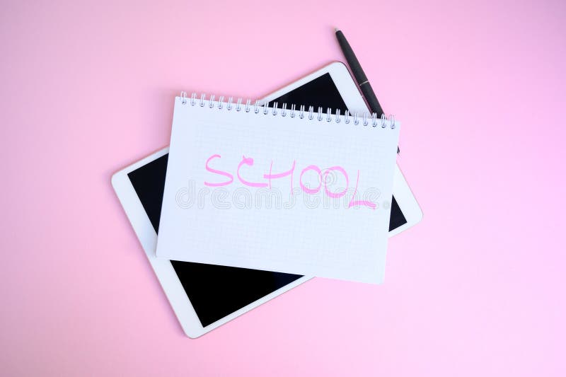 Handwritten School Note on Tablet with Pink Background and Stationery ...