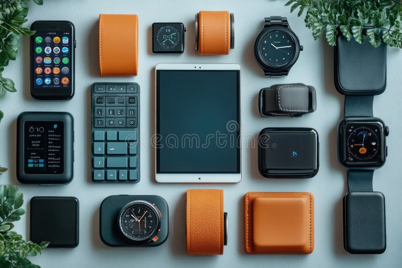 A Flat Lay of Modern Tech Accessories, Including a Tablet, Smartphone ...