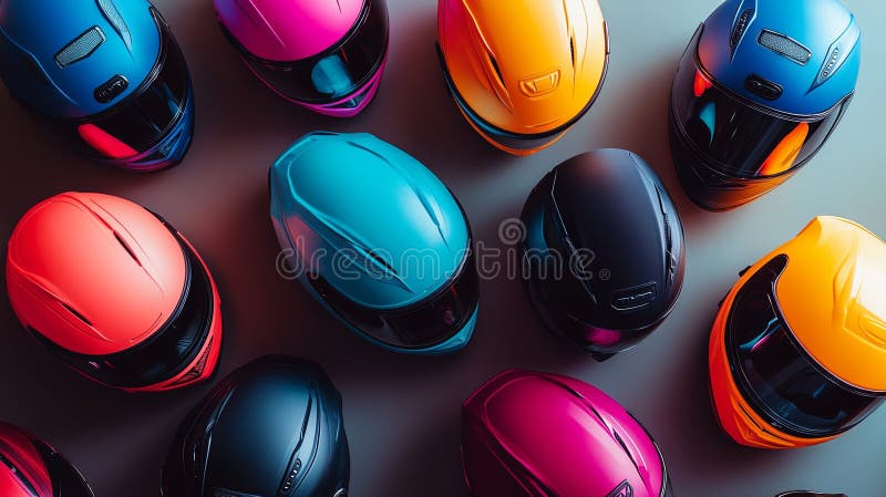 A Flat Lay of Motorcycle Helmets in Various Vibrant Colors Arranged on ...
