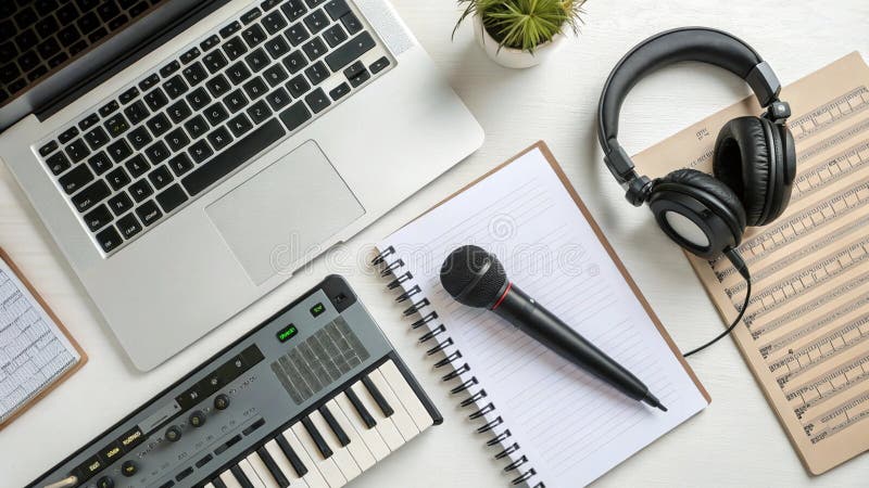Flat Lay of Musical Instruments on Wooden Surface Generative AI. Stock ...