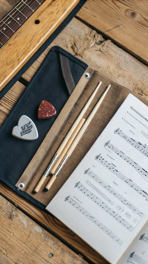 Flat Lay of Musical Instruments on Wooden Surface Generative AI. Stock ...