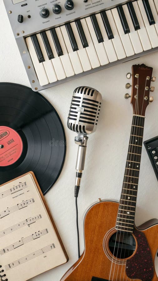 Flat Lay of Musical Instruments on Wooden Surface Generative AI. Stock ...