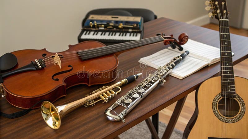 Flat Lay of Musical Instruments on Wooden Surface Generative AI. Stock ...