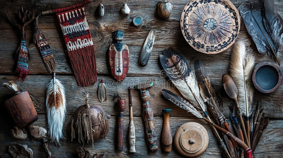 Flat Lay of Native American Artifacts on Rustic Wood Stock Image ...