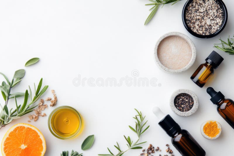 Flat Lay of Natural Ingredients, Essential Oils, and Fruits on a White ...