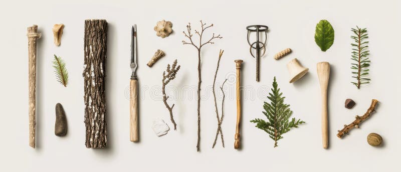 Flat Lay of Natural Objects and Rustic Tools on White Background Stock ...