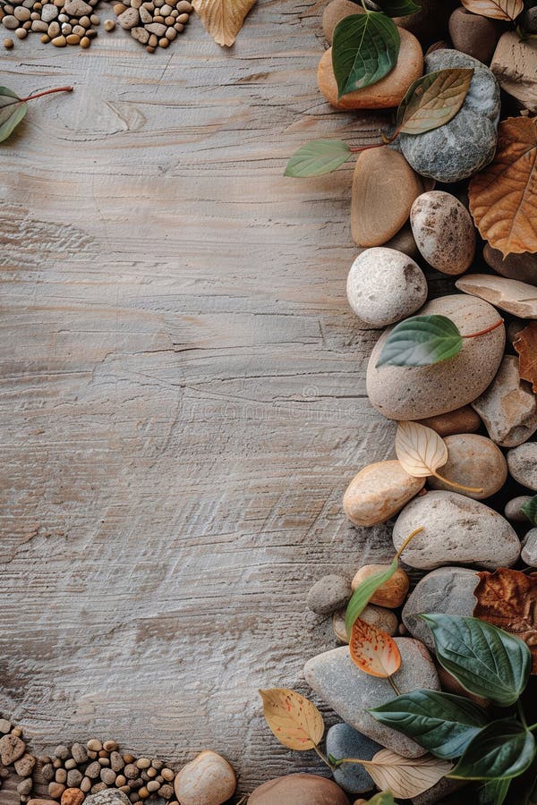 Flat Lay Nature Scene with Pebbles, Leaves, and Natural Wooden Textures ...