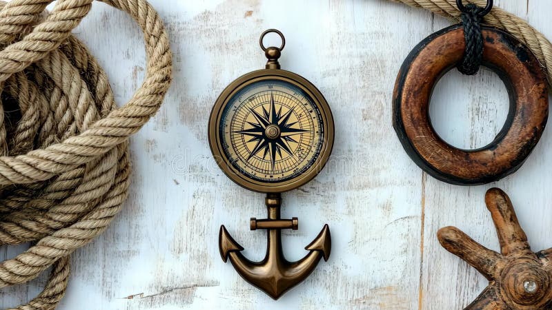 A Flat Lay of Nautical Accessories, Including a Compass, Rope, and a ...