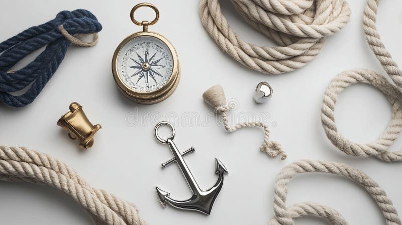 A Flat Lay of Nautical Accessories, Including a Compass, Rope, and a ...