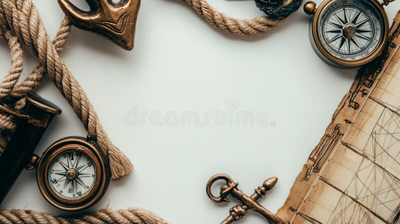 A Flat Lay of Nautical Accessories, Including a Compass, Rope, and a ...