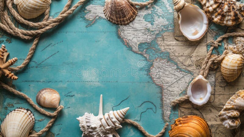 Flat Lay with Nautical Map Seashells and Decorative Marine Rope Stock ...
