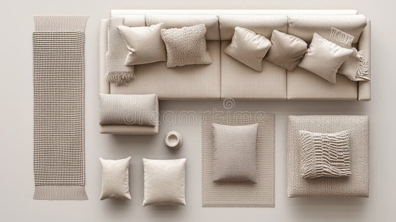 A Flat Lay of Neutral-toned Cushions and Throws Arranged on a Light ...