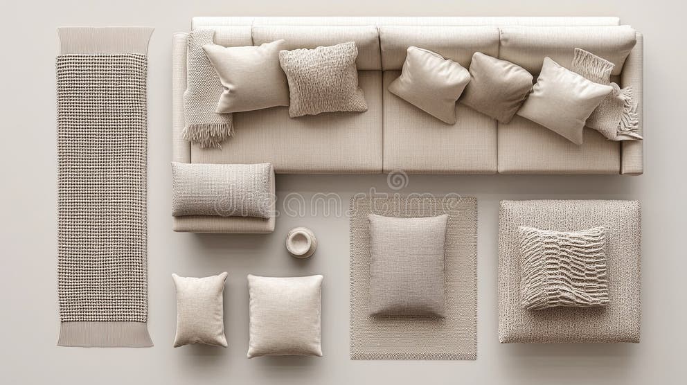 A Flat Lay of Neutral-toned Cushions and Throws Arranged on a Light ...