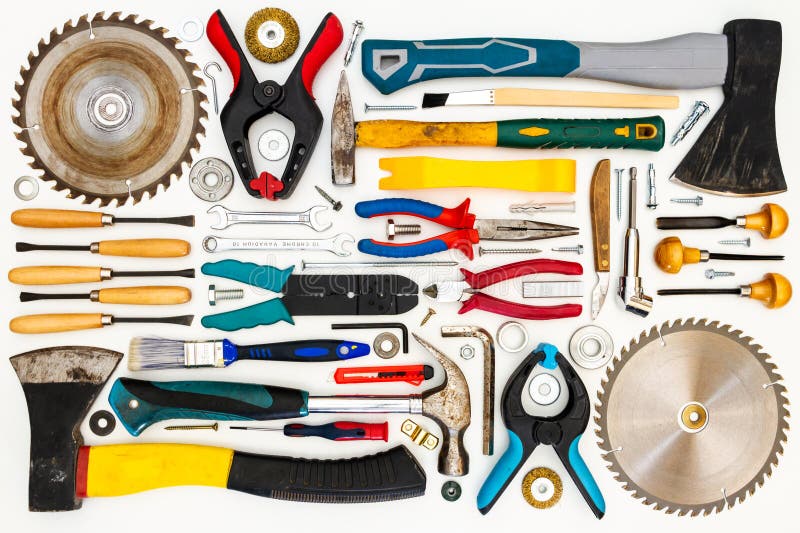 Flat Lay of New and Used Hand Tools on White Background Stock Image ...