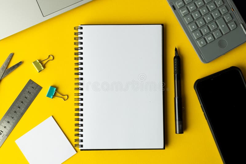 Flat Lay of Notebook with Copy Space and School Materials on Yellow ...