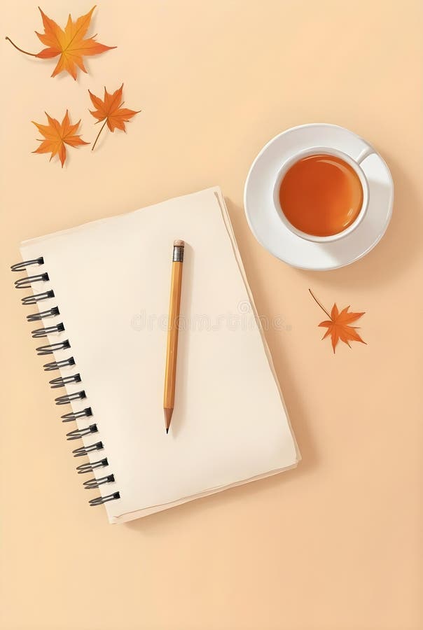 Flat Lay of Notebook, Pencil, Tea, and Maple Leaves on a Warm ...