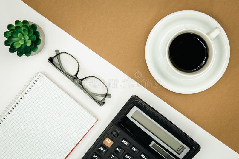 Flat Lay, Notepad, Calculator and Coffee Cup, Office Concept. Stock ...