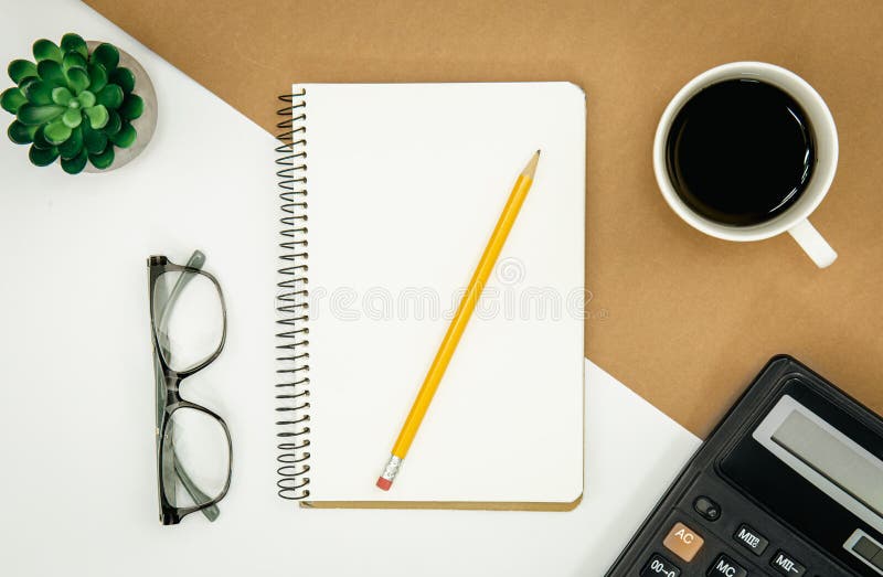 Flat Lay, Notepad, Calculator and Coffee Cup, Office Concept. Stock ...