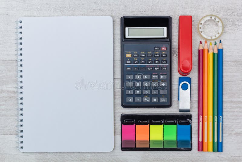Flat Lay: Notepad and Calculator Stock Image - Image of object, pencil ...