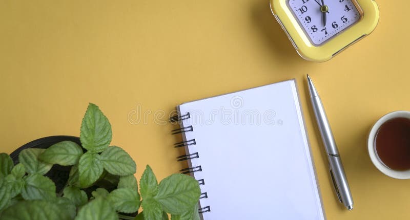 Flat Lay of Notepad, Clock, Coffee and Plant on Yellow Tabletop Stock ...
