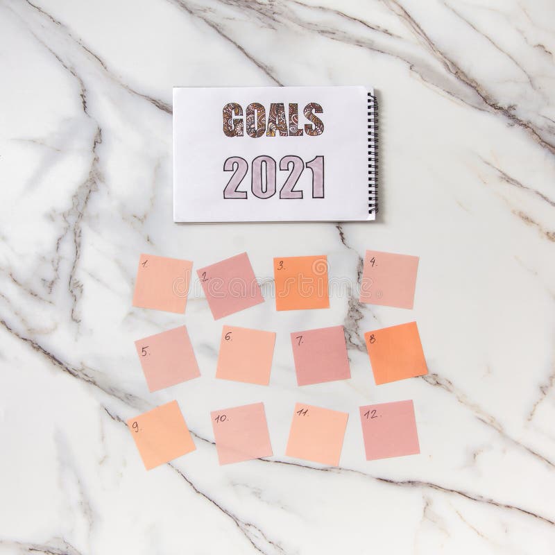 Flat Lay of Notepad with Words Goals 2021, Colorful Sticky Notes, O ...
