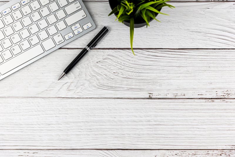 Flat Lay Office Desk with Computer Keyboard and Pen Stock Photo - Image ...