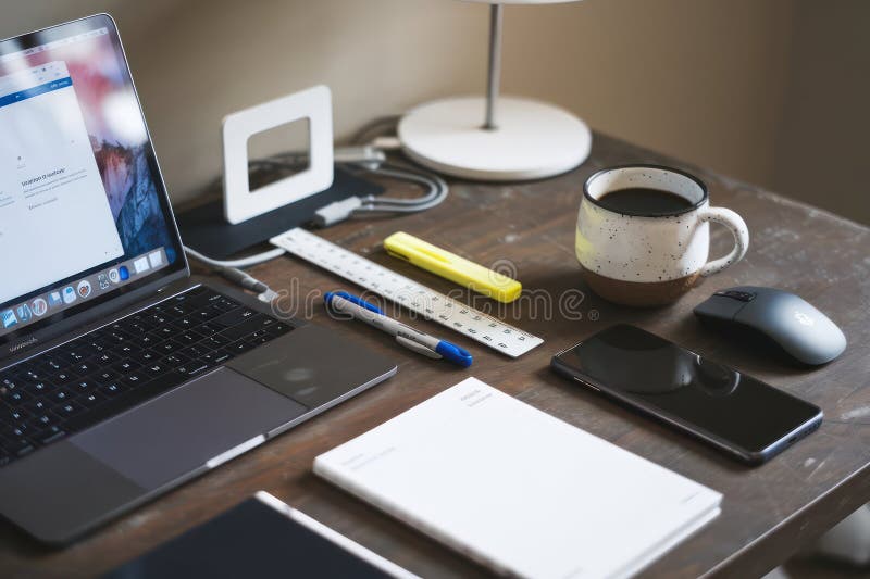 A Flat Lay of Office Desk Essentials, Including a Laptop, Coffee, and Notebooks, with Neutral ...